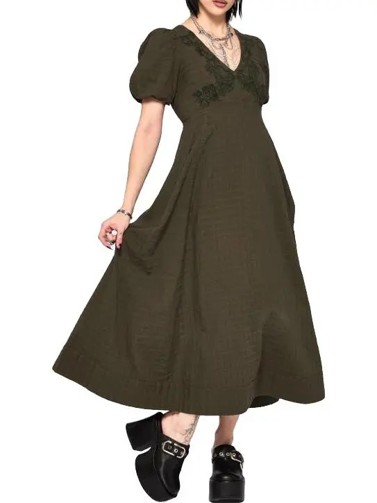 DISTURBIA Limo Dobby Midi Dress With Embroidery - Green