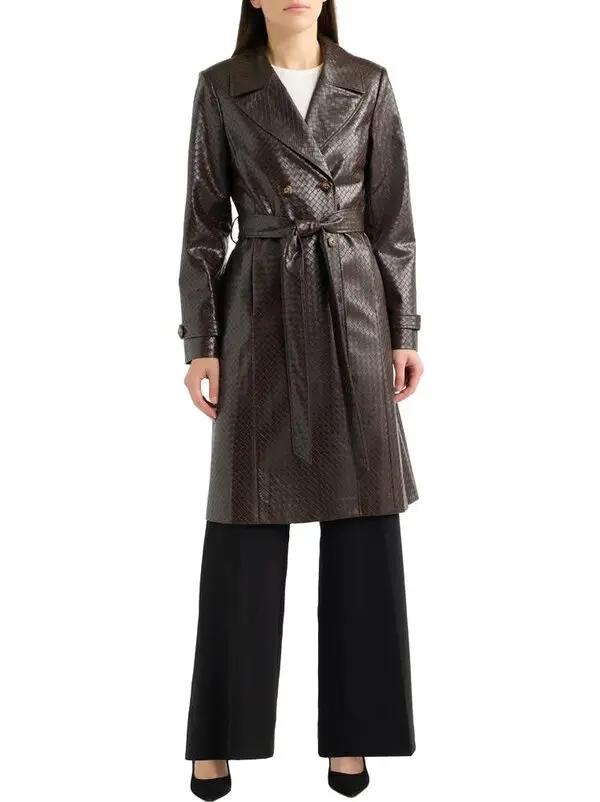 TAHARI ASL Embossed Faux Leather Trench Coat - Espresso