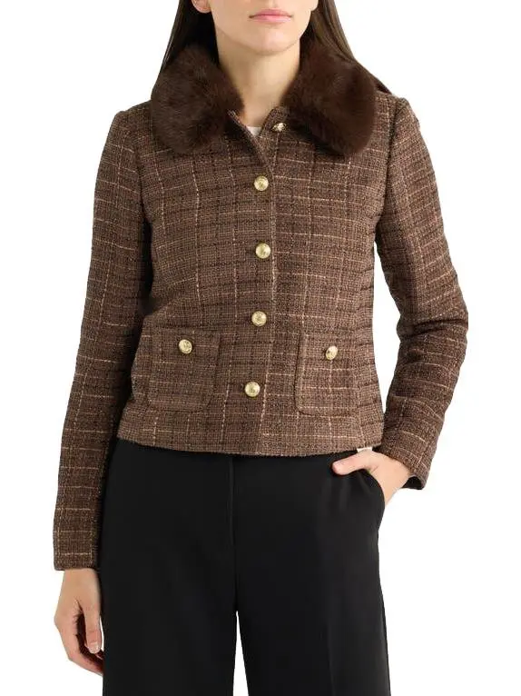 TAHARI ASL Faux Fur Collar Boucle Cropped Jacket - Espresso