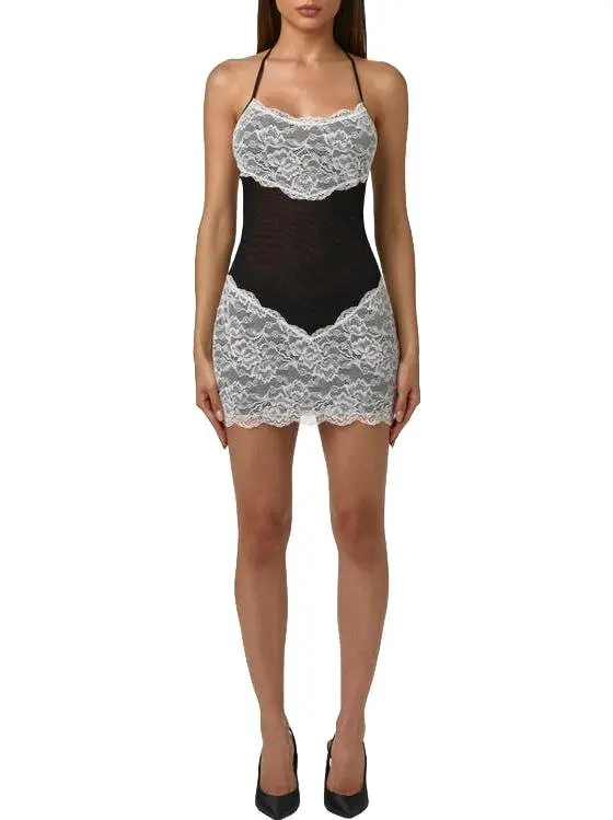 Naked Wardrobe Lace & Mesh Halter Minidress - Black