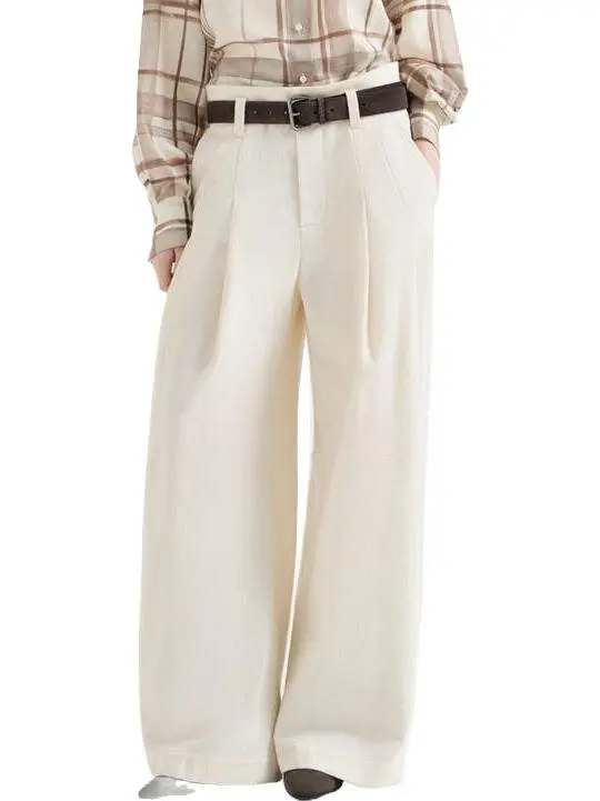 Brunello Cucinelli Dyed Cotton And Wool Wrinkled Denim Five-pocket Baggy Trousers With Monili - Panama