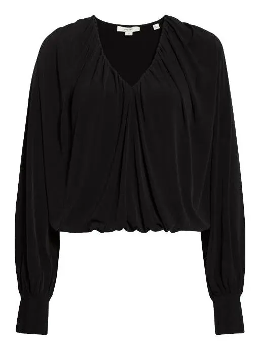 Vince V-neck Bubble Hem Long Sleeve Top - Black