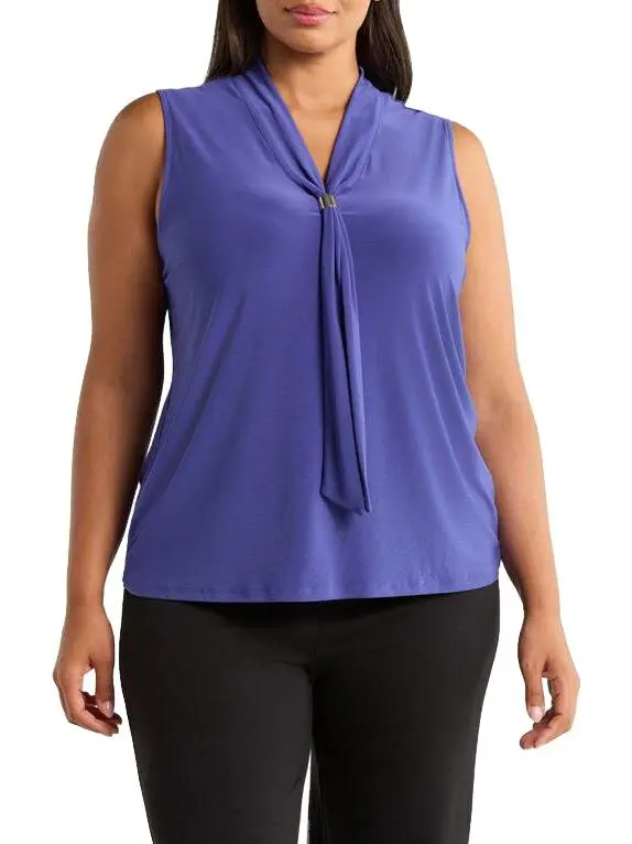 KASPER Sleeveless Tie Neck Jersey Tank With Metallic Trim - Regal Plum