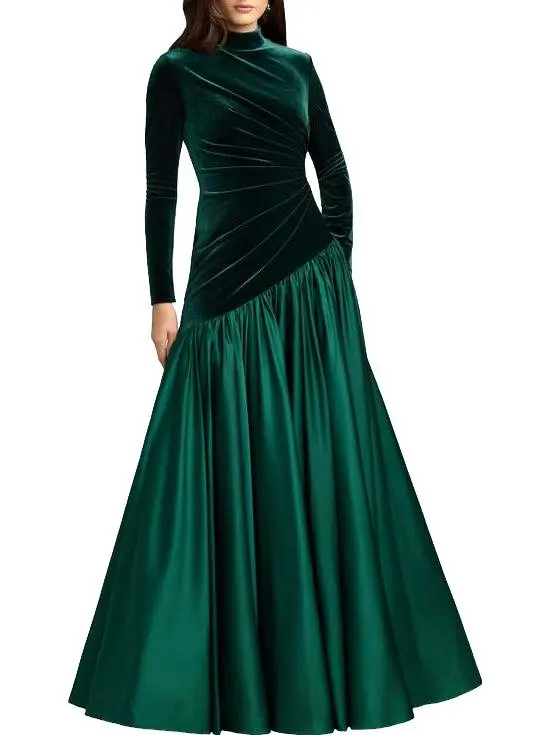 Mac Duggal Velvet Long Sleeve Mock Neck Charmeuse Skirt Gown - Emerald