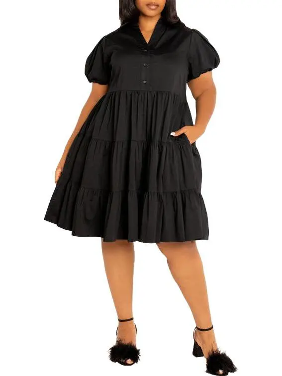 BUXOM COUTURE Puff Sleeve Tiered Shirtdress - Black