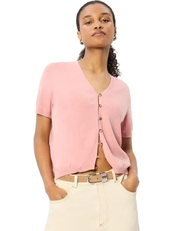 Whistles Short Sleeve Button Front Knit Cardigan - Pink