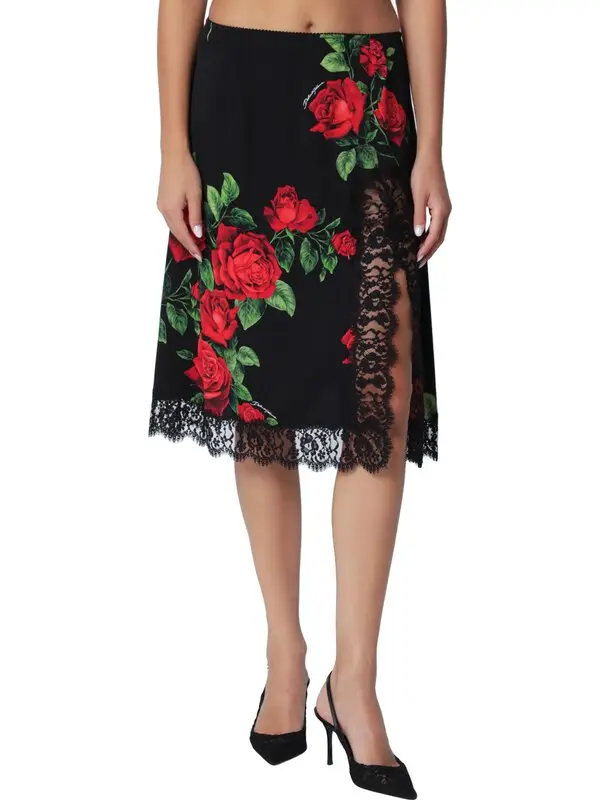 Dolce & Gabbana Silk Blend Floral Lace Skirt - Black