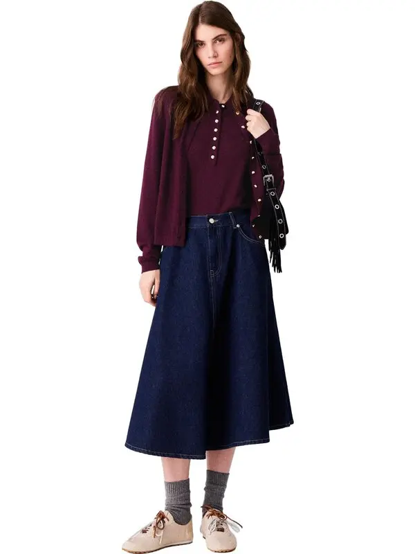 Maje Mid-length Flared Denim Skirt - Navy