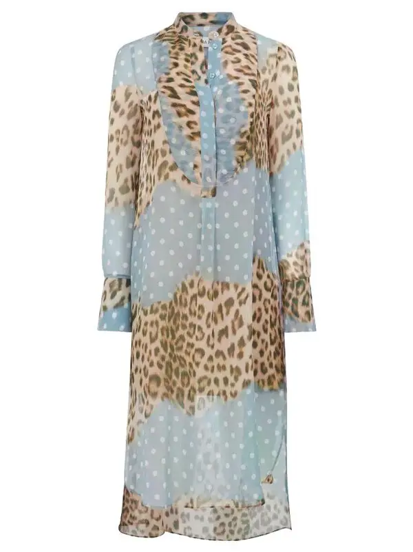 Nina Ricci Leopard And Polka-dot Print Shirt Midi Dress - Blue
