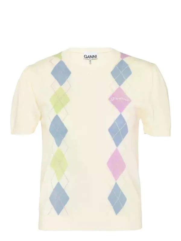 GANNI Argyle-knit T-shirt - Neutrals