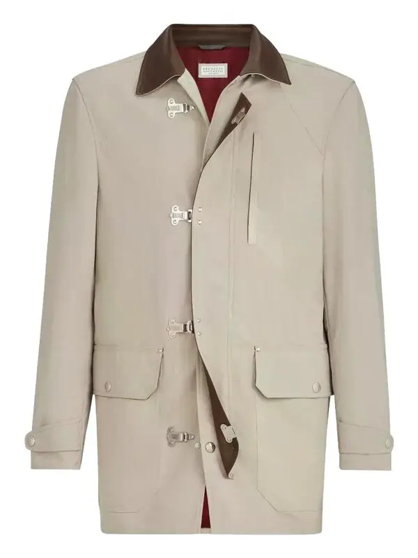 Brunello Cucinelli Water-resistant Microfiber Outerwear Jacket With Hook Fastening And Nappa Leather Inserts - Neutrals