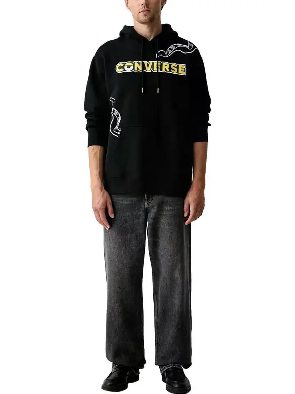 CONVERSE Logo Print Drawstring Hoodie - Black
