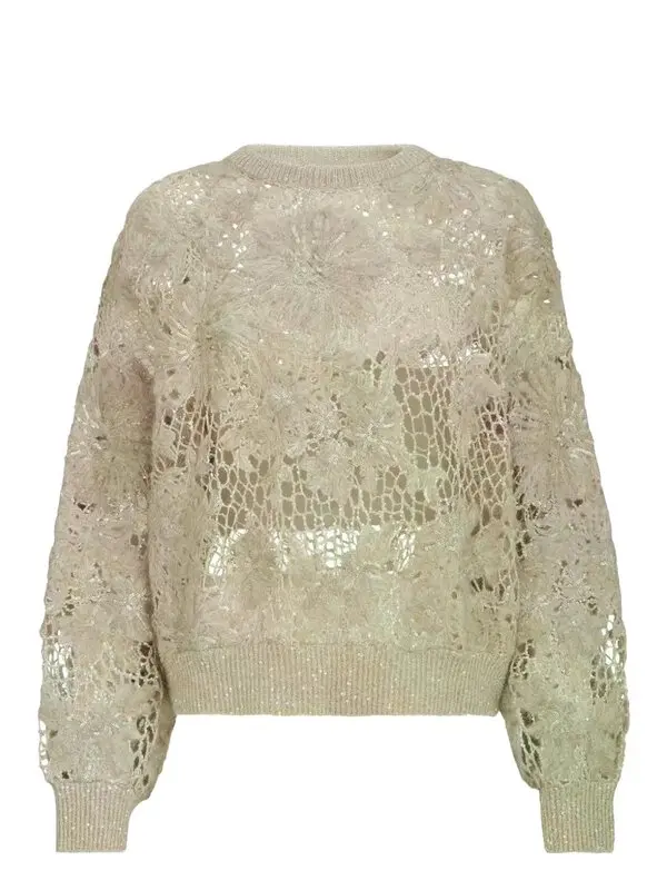 Brunello Cucinelli Whispering Bloom Embroidery Sweater In Sparkling Mohair And Wool - Neutrals
