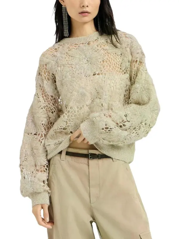 Brunello Cucinelli Sparkling Mohair And Wool Embroidered Sweater - Neutrals
