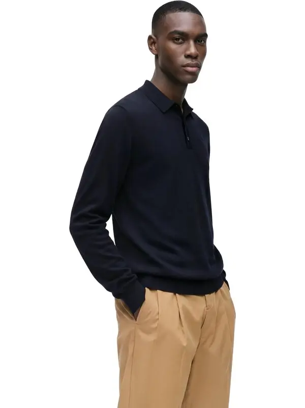 Karl Lagerfeld Wool Long-sleeved Polo Shirt - Navy