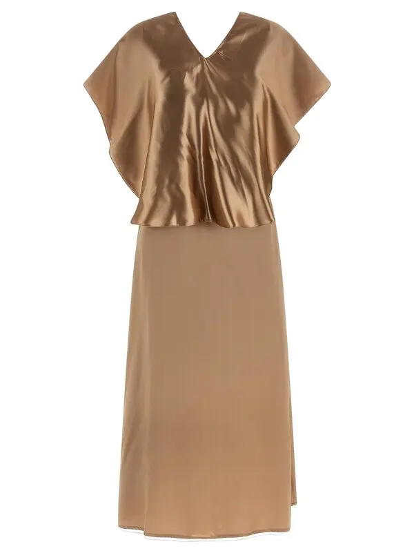 Fabiana Filippi Liquid Satin Midi Dress With Removable Cape - Beige