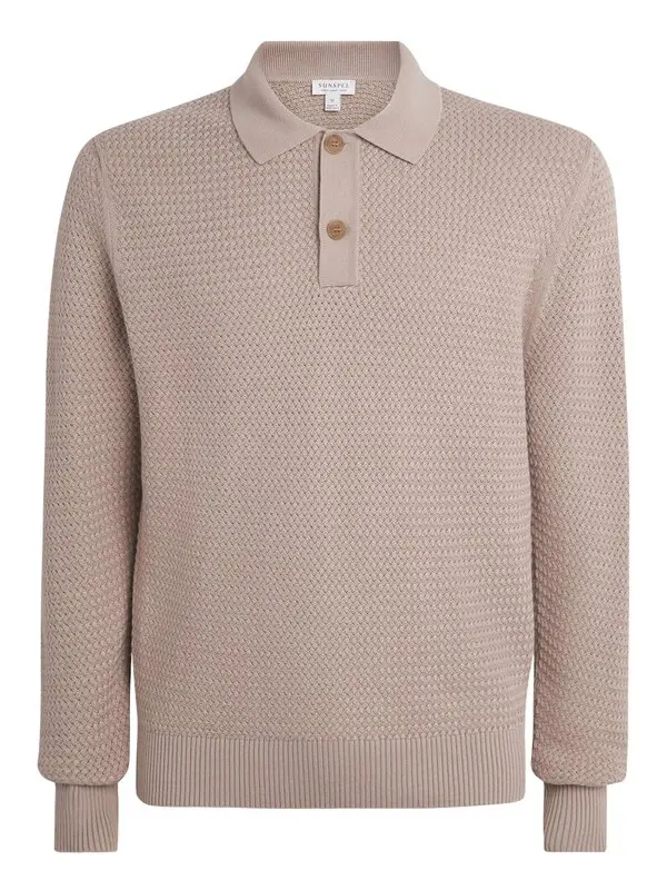 Sunspel Cotton Basketweave Polo Sweater - Brown