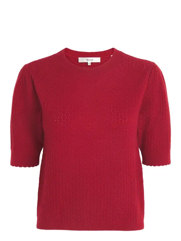 FRAME Cashmere Pointelle The Gathered Honeycomb Sweater - Red