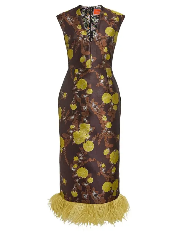 La DoubleJ Feather-trim Sleek Midi Dress - Brown
