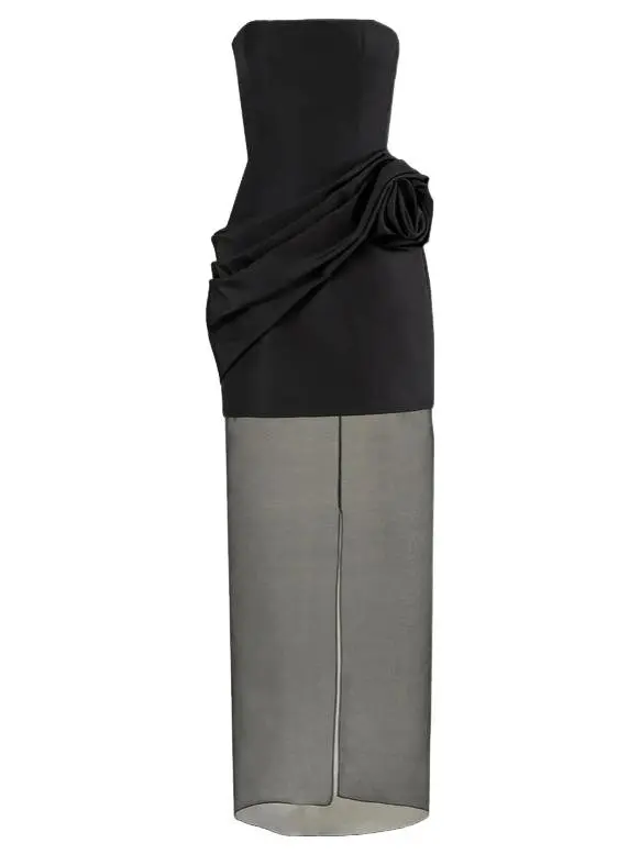 Carolina Herrera Sleeveless Silk Gown With Sheer Organza Skirt And Rosette Detail - Black