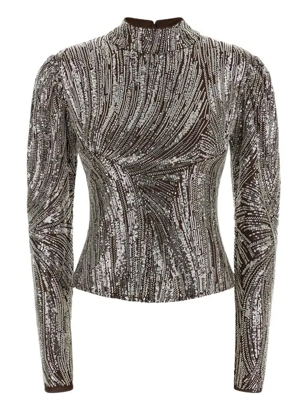 Rabanne Embellished High Neck Long Sleeve Top - Brown
