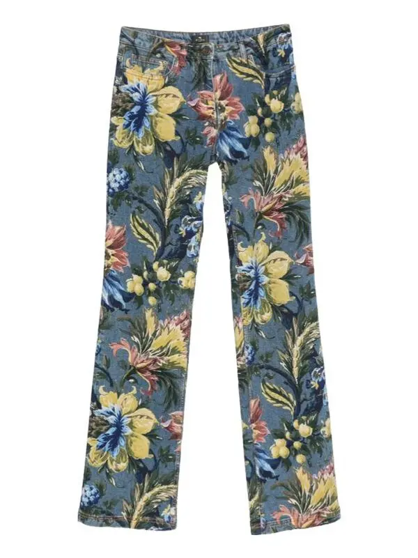 Etro Belt-loop Floral Print Straight-leg Jeans - Blue