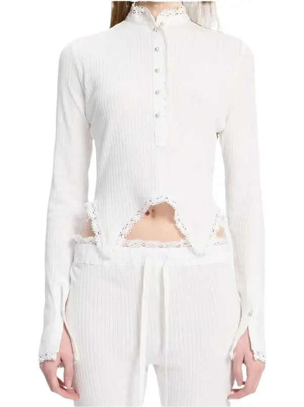 ANN DEMEULEMEESTER Lace-trimmed Ribbed High Neck Top - White