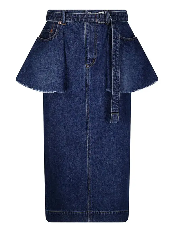 Sacai Belted Peplum Denim Skirt - Blue