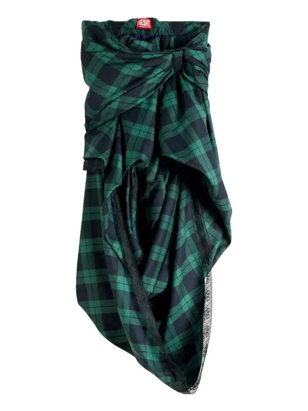 DIESEL® Draped Tartan Midi Skirt With Lace-trim - Green/blue