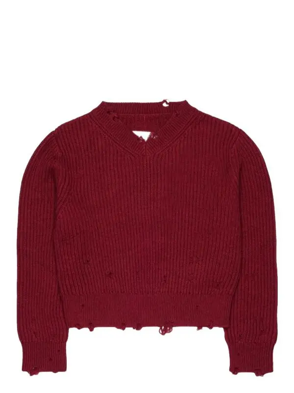 MAISON MARGIELA Distressed V-neck Ribbed Sweater - Burgundy