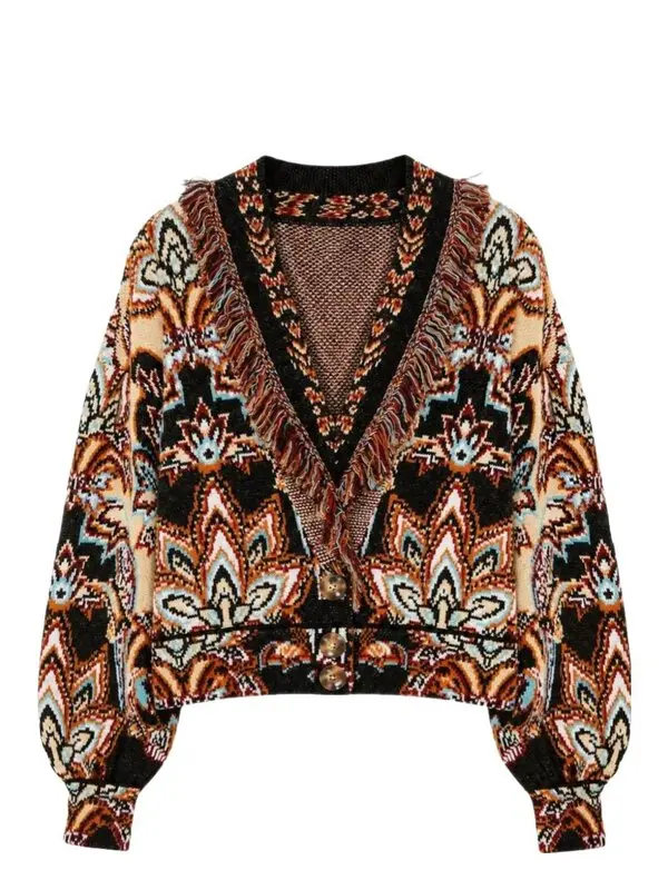 Farm Rio Fringe-trim Intarsia-knit Cardigan - Cream