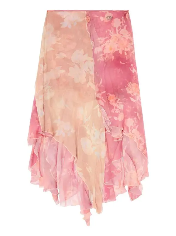 DIESEL® Asymmetric Floral Midi Skirt In Viscose And Silk - Pink