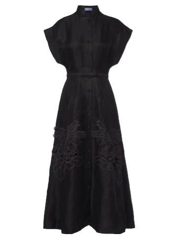 LEO Lin Aubrey Floral-appliqué Linen-blend Midi Dress - Black