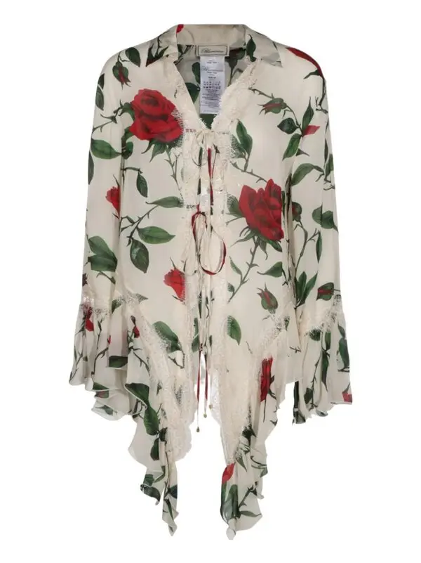 Blumarine Chiffon Rose Print Tie-front Shirt With Lace Trims - Nude
