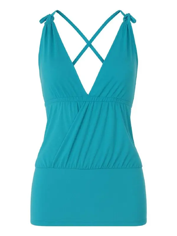 CONQUISTA Draped V-neck Sleeveless Top With Cross-back Detail - Blue