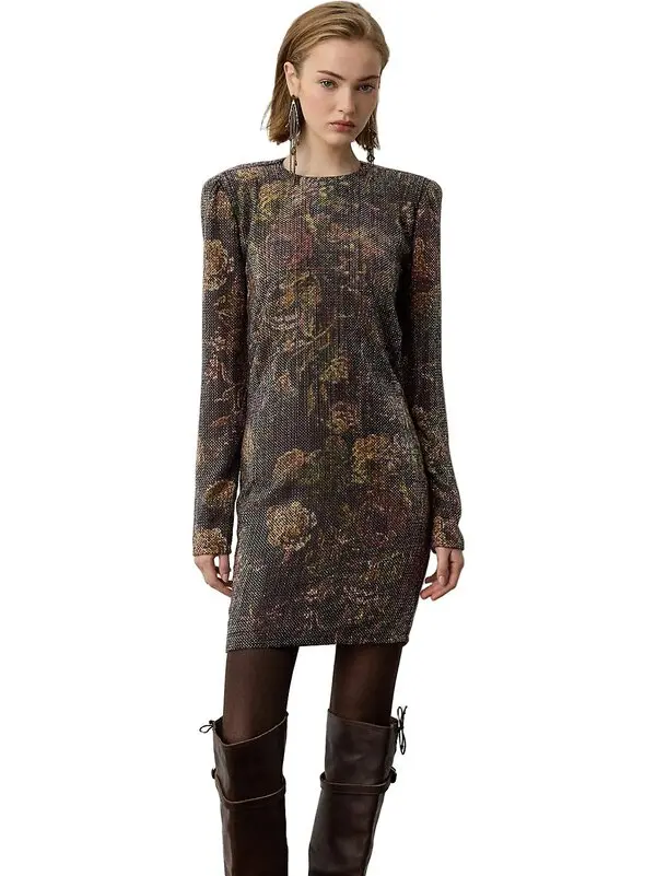 Ralph Lauren Keney Embellished Floral Long Sleeve Mini Dress - Brown Multi