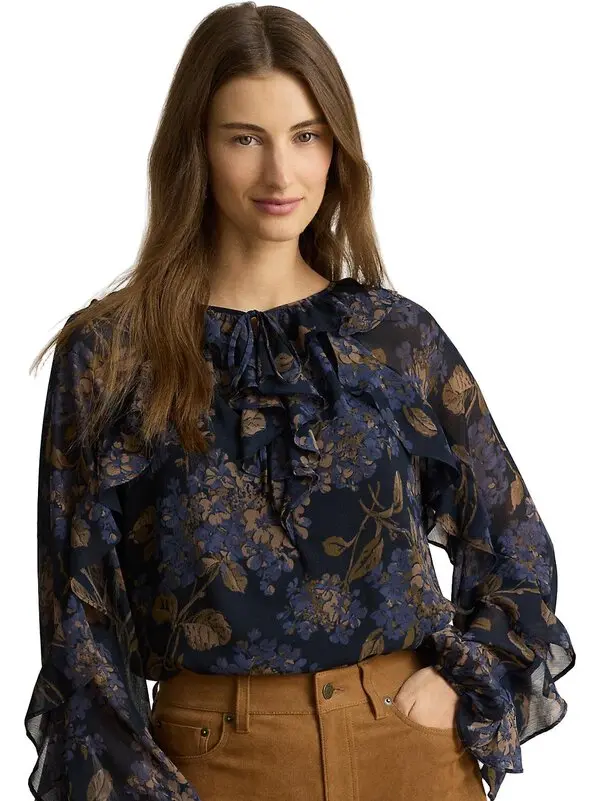 Ralph Lauren Floral Ruffle-trim Georgette Blouse - Navy Multi