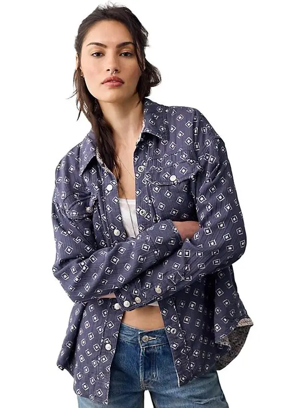 Free People We The Free Rose Garden Printed Cotton Shirt - Navy Combo