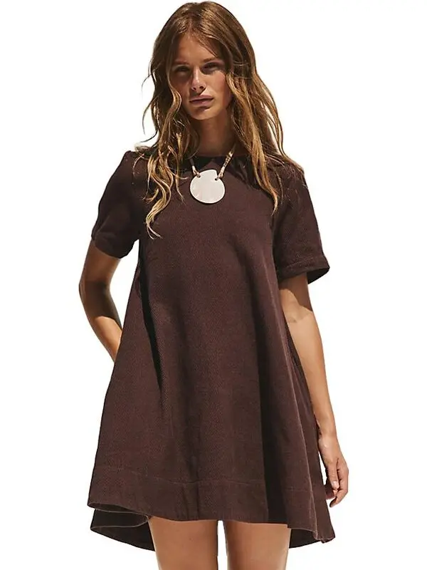 Free People Textured Cotton A-line Mini Dress With Keyhole Back - Double Espresso