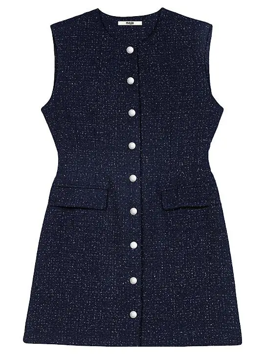 Maje Sleeveless Shimmer Tweed Mini Dress - Navy