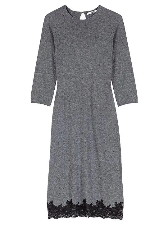 Maje Round-neck Lace-trim Wool Midi Dress - Grey/black