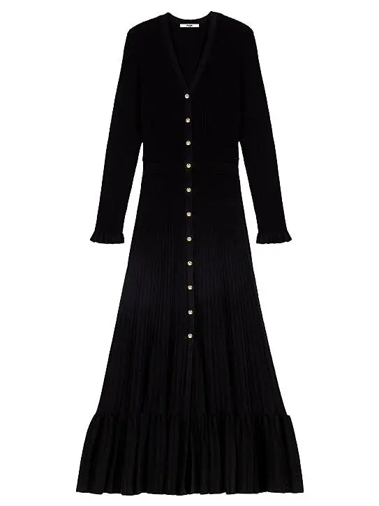 Maje Ruffled V-neck Knitted Maxi Dress - Black