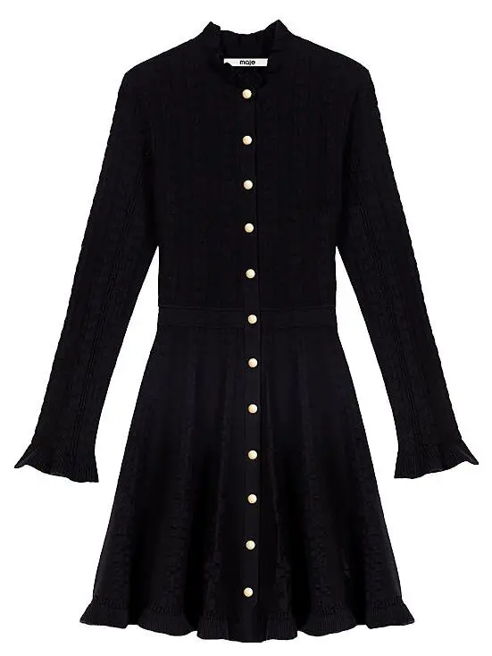 Maje Long-sleeved Knitted Cotton-blend Mini Dress - Black