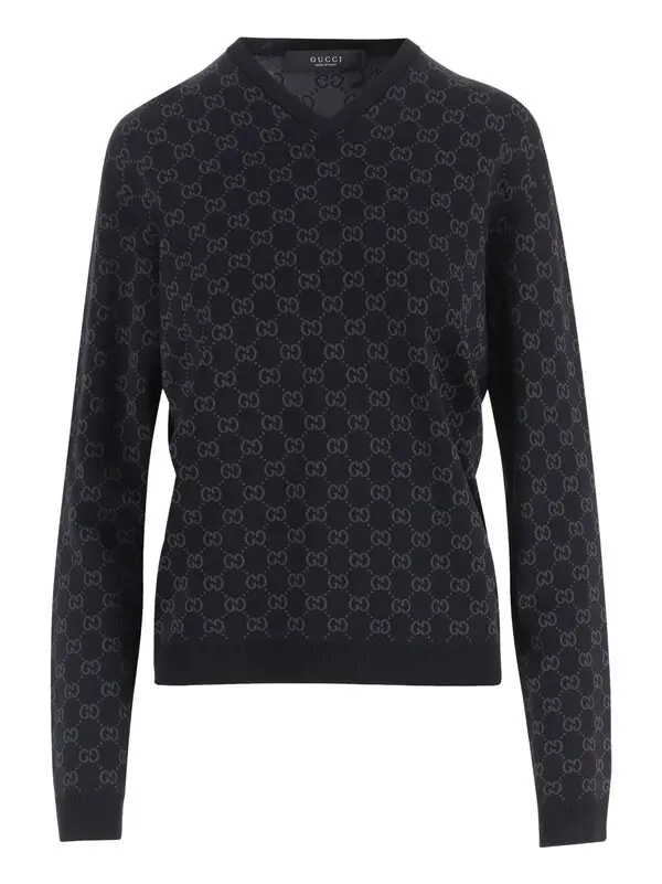 Gucci Gg Jacquard Fine Knit V-neck Sweater - Black