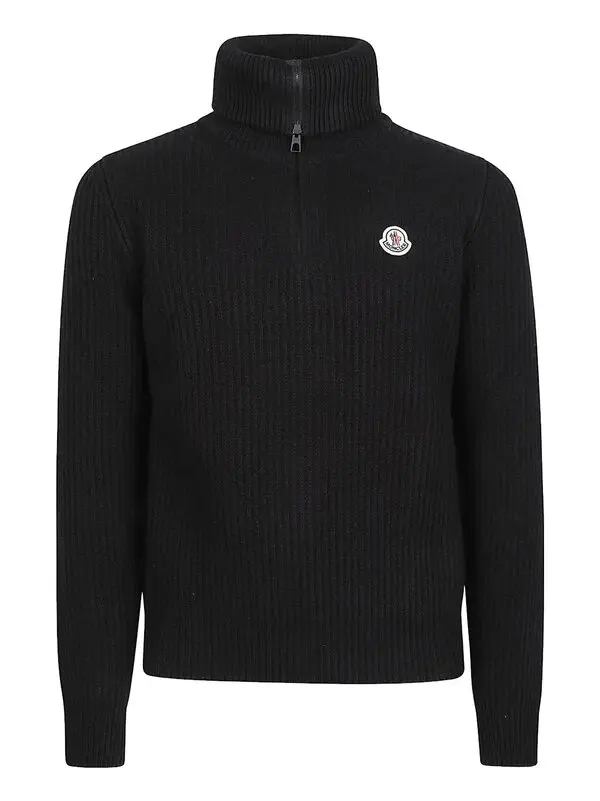 Moncler Ribbed Wool Zip-up Dolcevita - Black