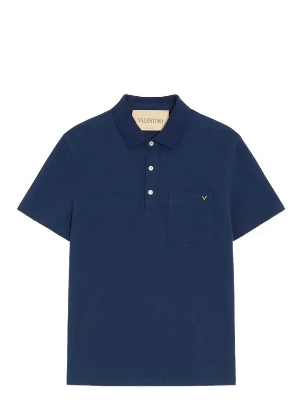 Valentino Garavani Polo Shirt In Cotton Piqué With Vgold - Blue