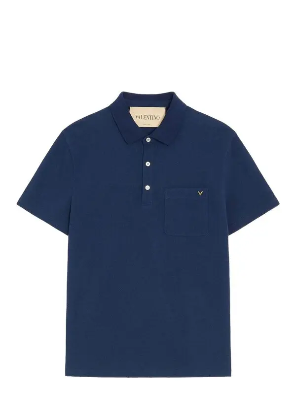 Valentino Garavani Polo Shirt In Cotton Piqué With Vgold - Blue