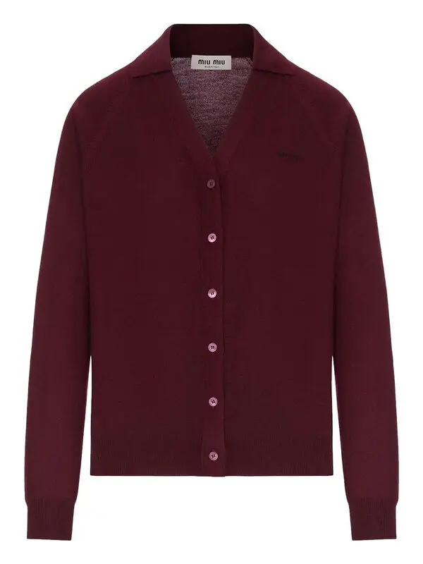 Miu Miu Wool Cardigan With Polo Collar And Logo - Red