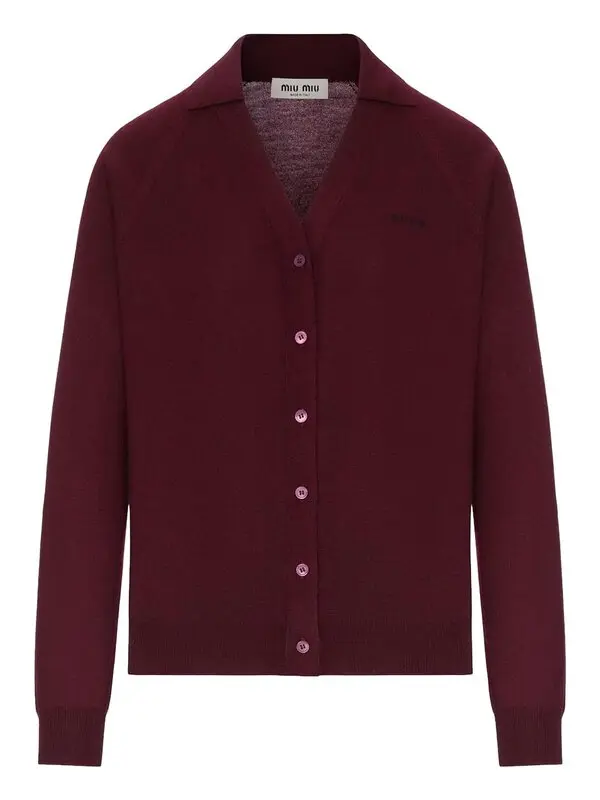 Miu Miu Wool Cardigan With Polo Collar And Logo - Red
