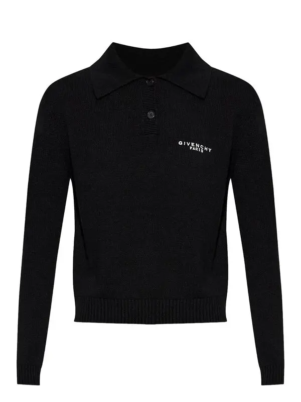 Givenchy Long-sleeve Wool And Cashmere Polo Sweater With Embroidered Logo - Black